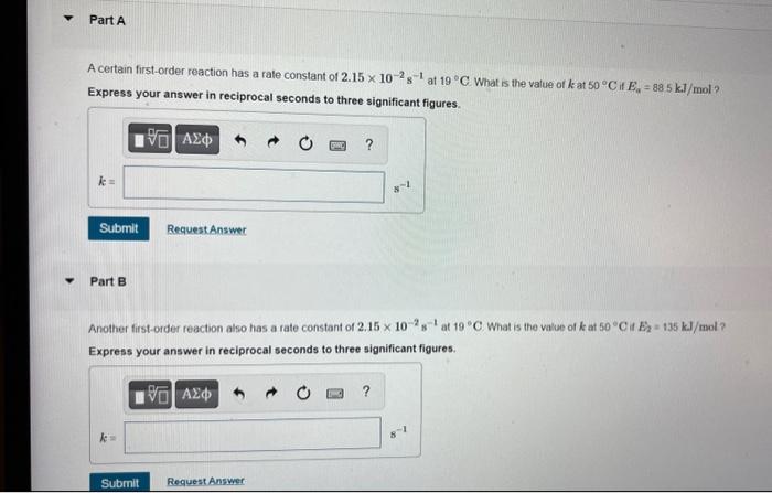 Solved A certain first-order reaction has a rale constant of | Chegg.com