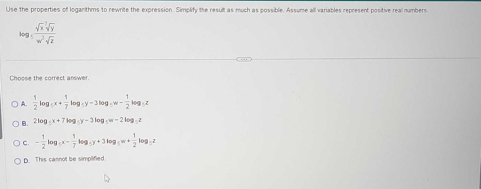 Solved Use the properties of logarithms to rewrite the | Chegg.com