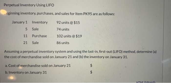 Solved Perpetual Inventory Using LIFO eginning inventory, | Chegg.com