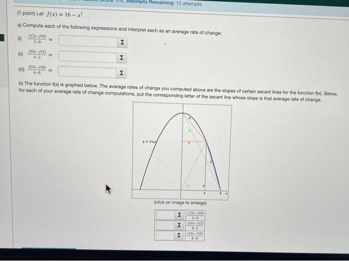 Solved (1 point) Let f(x)=16−x2 a) Compute each of the | Chegg.com