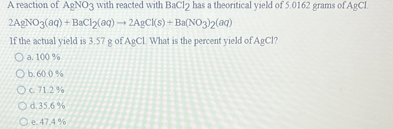 Solved A reaction of AgNO3 ﻿with reacted with BaCl2 ﻿has a | Chegg.com