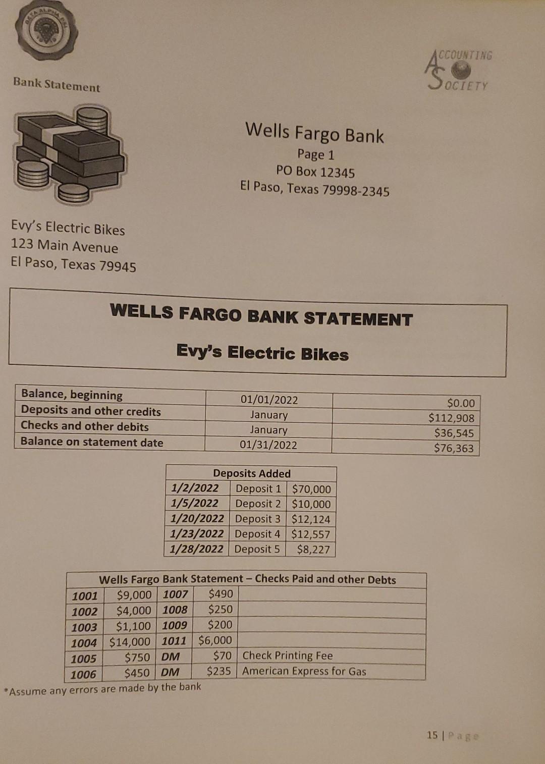 Solved CCOUNTING Bank Statement SOCIETY Wells Fargo Bank | Chegg.com