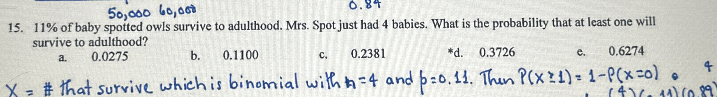 Solved 15. 11% ﻿of baby spotted owls survive to adulthood. | Chegg.com
