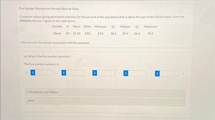 Solved Five Number Summary for Percent Obese by State | Chegg.com