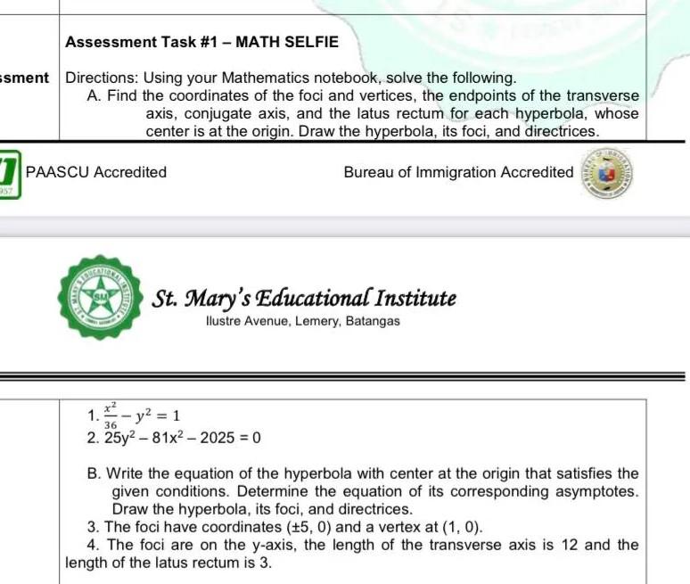 Solved Assessment Task #1 - MATH SELFIE sment Directions: | Chegg.com