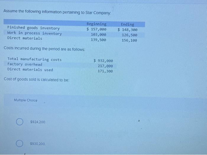 Solved Assume the following information pertaining to Star | Chegg.com