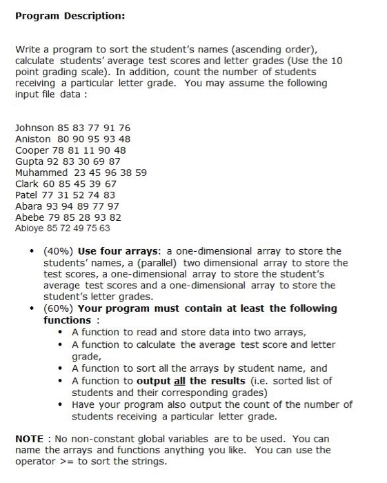 Solved Program Description: Write a program to sort the | Chegg.com