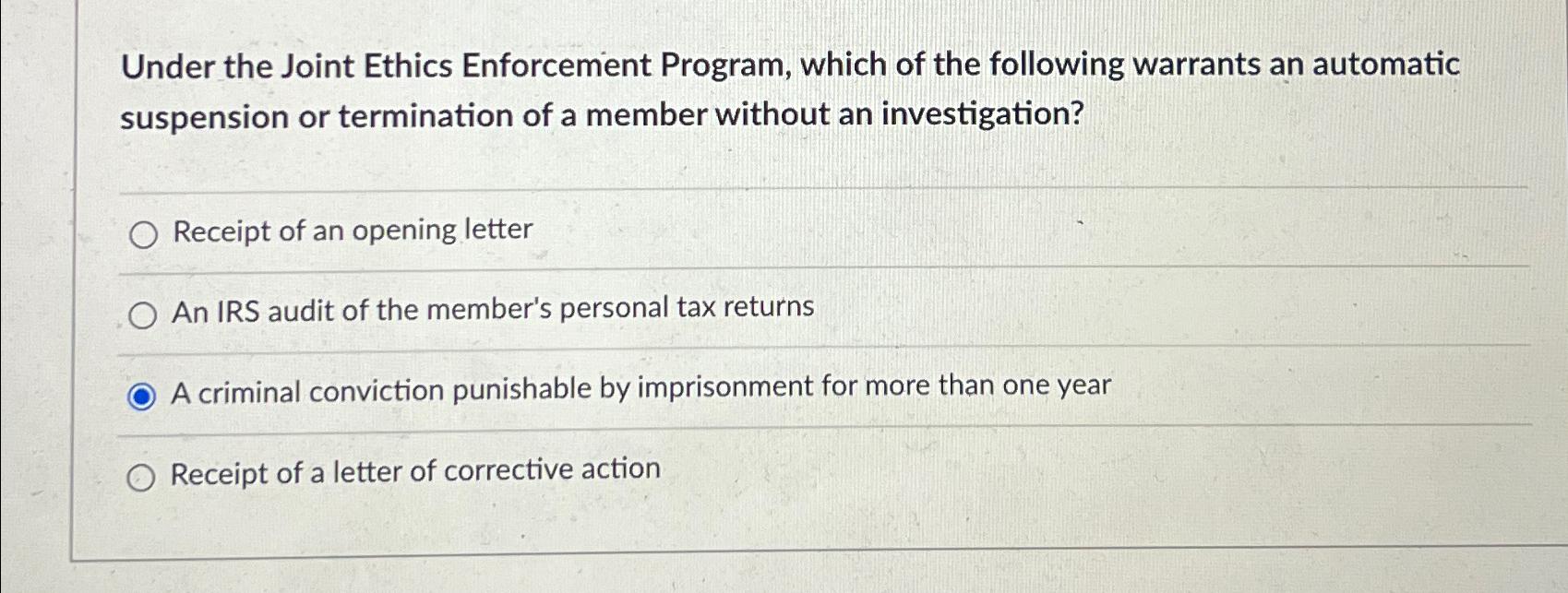 Solved Under the Joint Ethics Enforcement Program, which of | Chegg.com