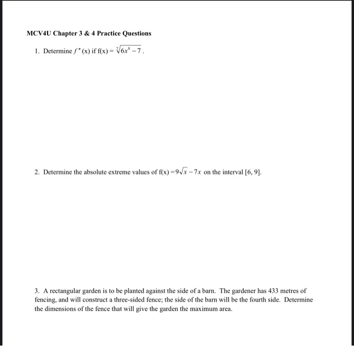 Solved MCV4U Chapter 3 & 4 Practice Questions 1. Determine | Chegg.com