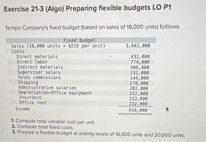 Solved Exercise 21-3 (Algo) Preparing flexible budgets LO P1 | Chegg.com Solved Exercise 21-3 (Algo) Preparing flexible budgets LO P1 | Chegg.com