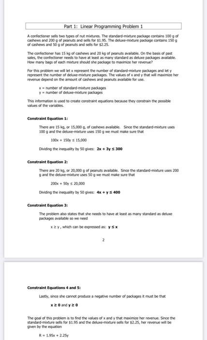 Solved Part 1: Linear Programming Problem 1 A confectioner | Chegg.com