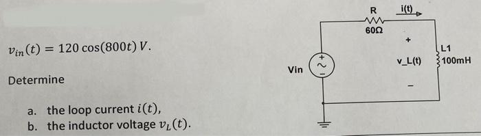 Solved vin(t)=120cos(800t)V Determine a. the loop current | Chegg.com
