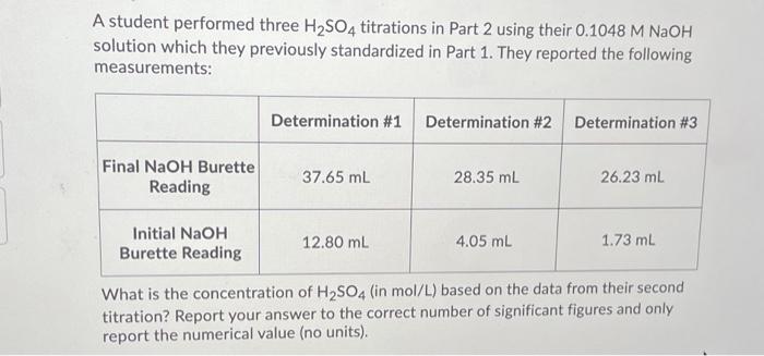 Solved A student performed three H2SO4 titrations in Part 2 | Chegg.com