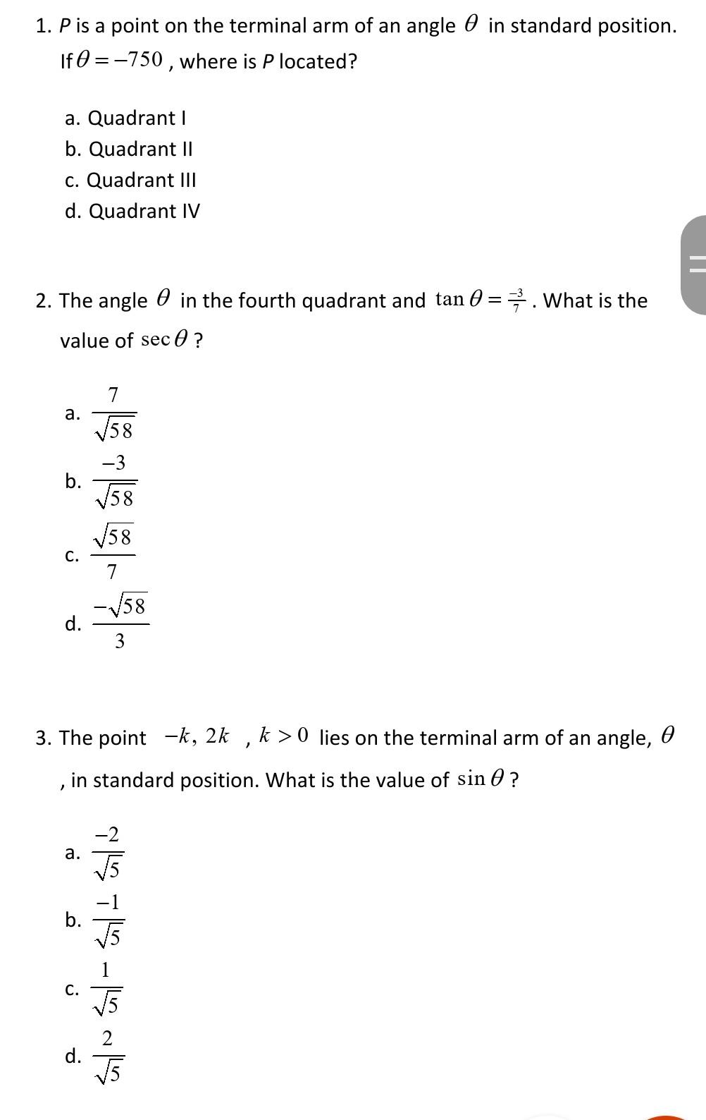 Solved 1. P is a point on the terminal arm of an angle θ in | Chegg.com