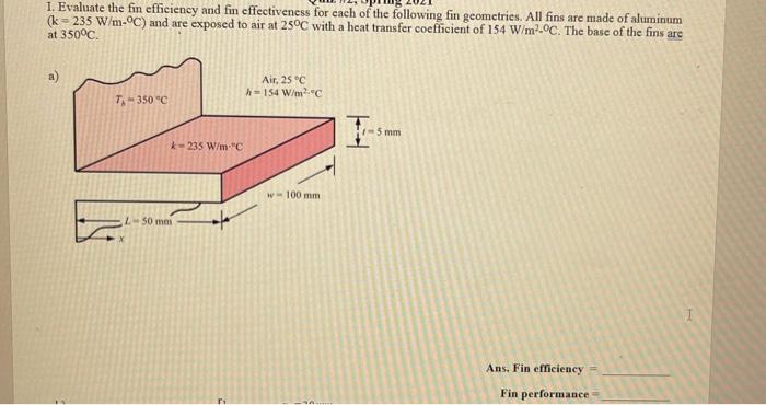 Solved 1. Evaluate the fin efficiency and fin effectiveness | Chegg.com