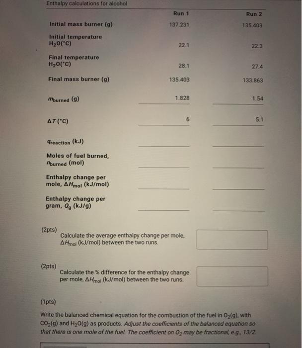 Solved Enthalpy calculations for alcohol Run 1 Run 2 137.231 | Chegg.com