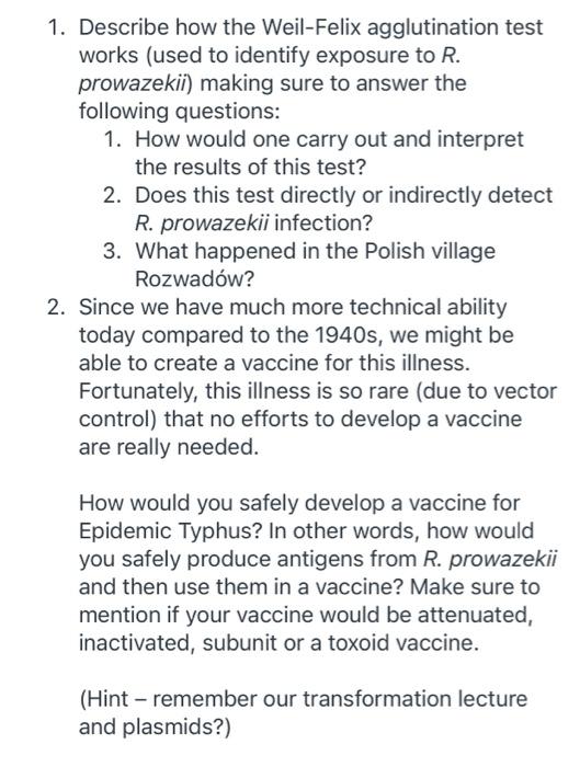 Solved 1. Describe how the Weil-Felix agglutination test | Chegg.com