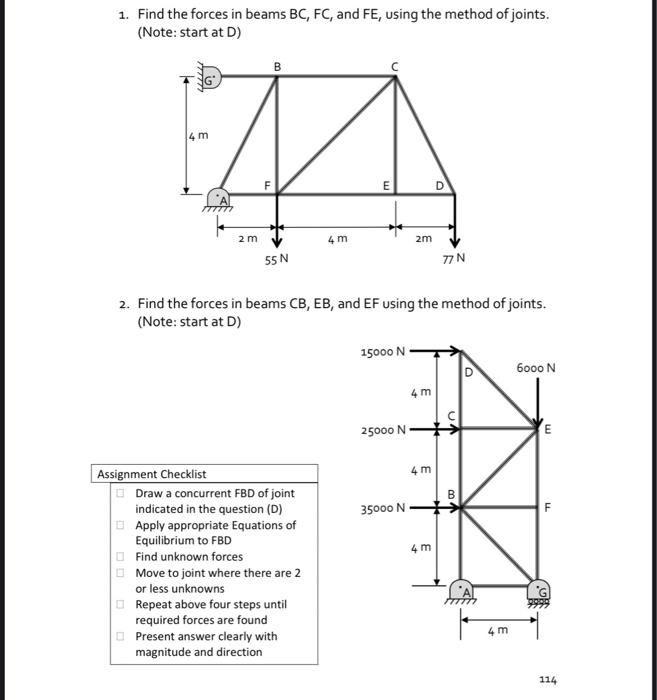 Solved 1. Find the forces in beams BC,FC, and FE, using the | Chegg.com