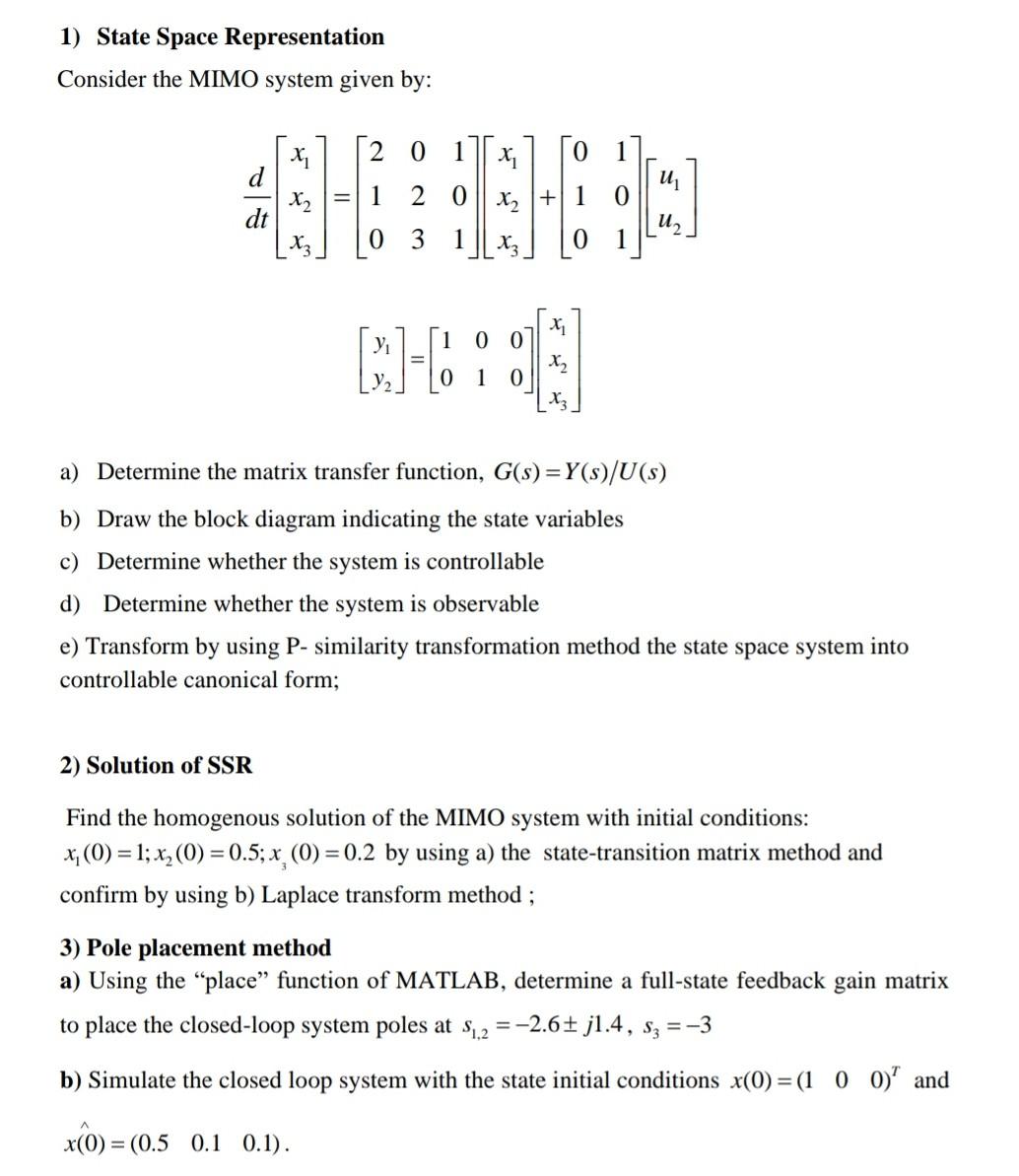 Solved 1 State Space Representation Consider The Mimo