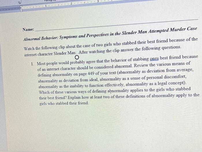 Solved Name: Abnormal Behavior: Symptoms and Perspectives in | Chegg.com