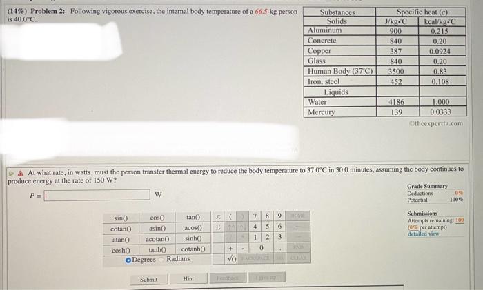 Solved (14\%) Problem 2: Following vigorous exercise, the | Chegg.com