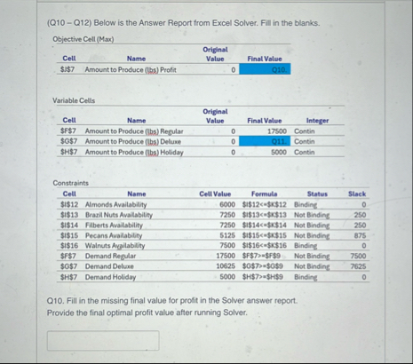 (Q10 - ﻿Q12) ﻿Below is the Answer Report from Excel | Chegg.com