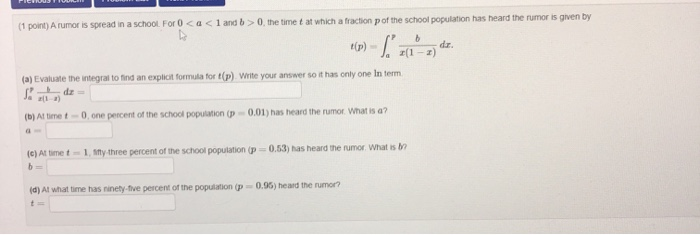 Solved (1 point) A rumor is spread in a school. For 0 the | Chegg.com