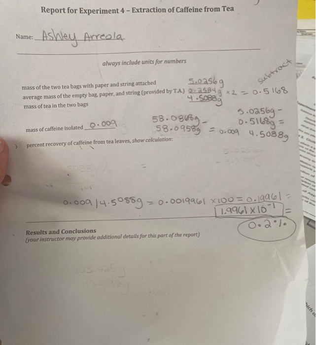 Report For Experiment 4 Extraction Of Caffeine From