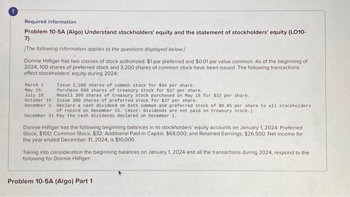 Solved Required information Problem 10-5A (Algo) Understand | Chegg.com