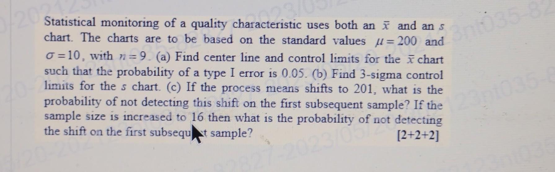 Solved Statistical monitoring of a quality characteristic | Chegg.com