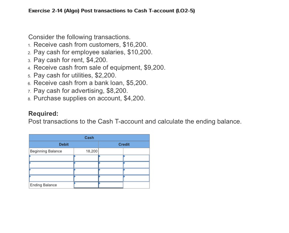 Solved Exercise 2-14 (Algo) Post transactions to Cash | Chegg.com Solved Exercise 2-14 (Algo) Post transactions to Cash | Chegg.com