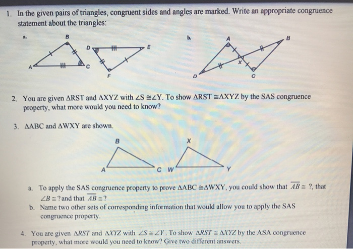 Solved 1. In the given pairs of triangles, congruent sides | Chegg.com