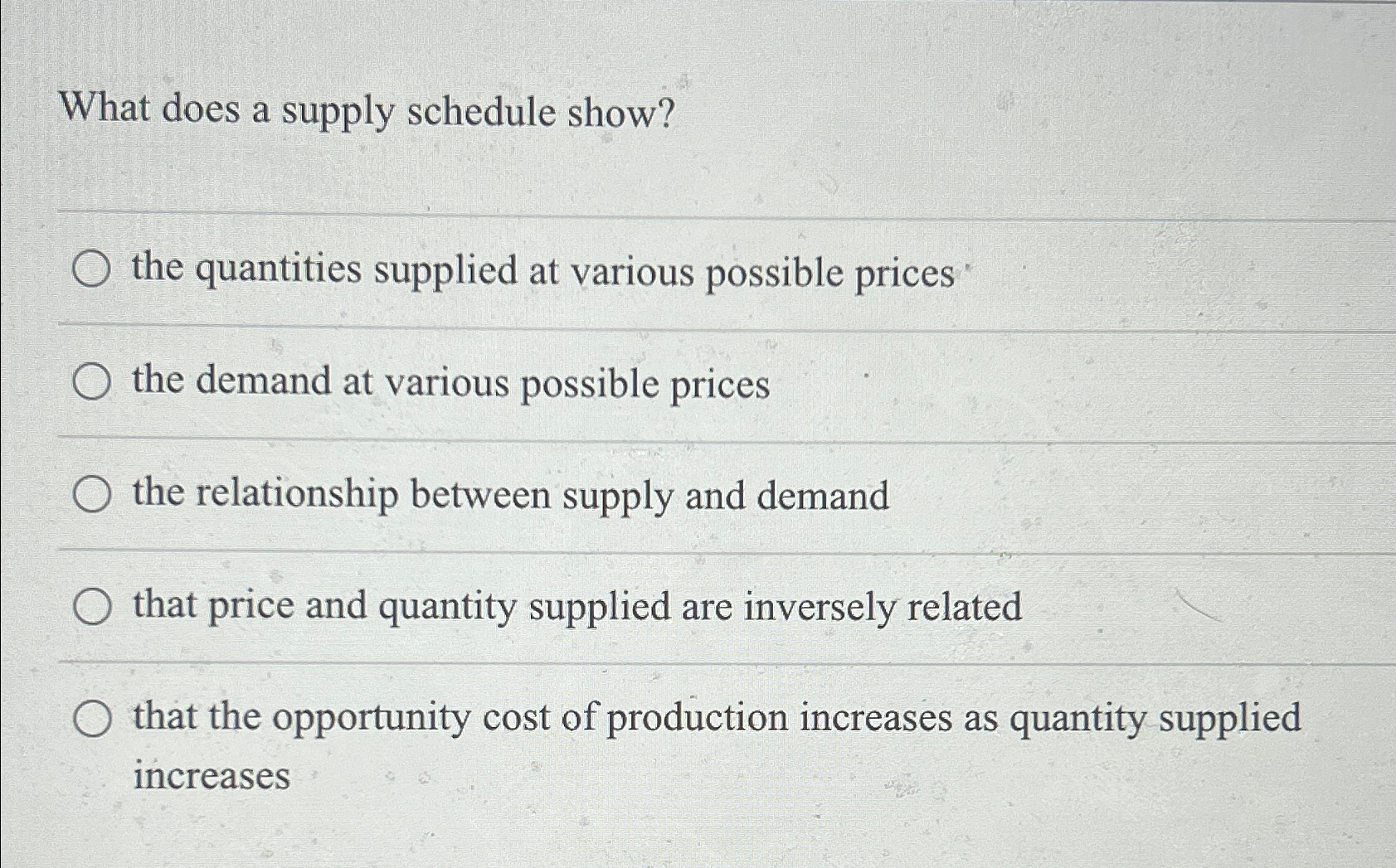Solved What does a supply schedule show?the quantities | Chegg.com