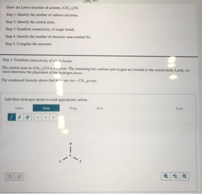 Solved Draw the Lewis structure of acetone, (CH),CO. Step 1: | Chegg.com