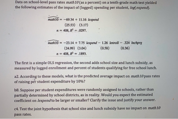 Data on school-level pass rates math10 (as a percent) | Chegg.com