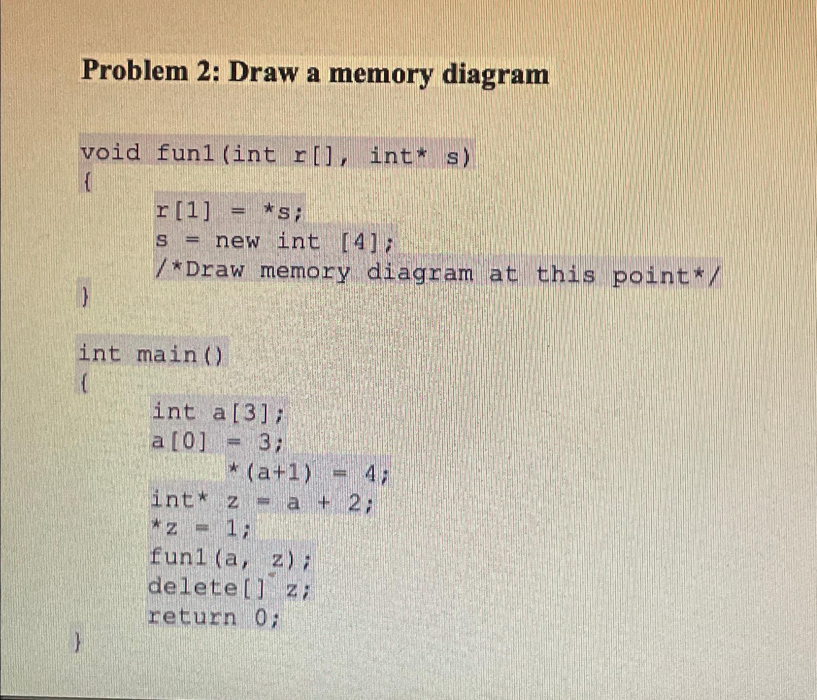 Solved Problem 2: Draw a memory diagramvoid fun1 (int r[], | Chegg.com