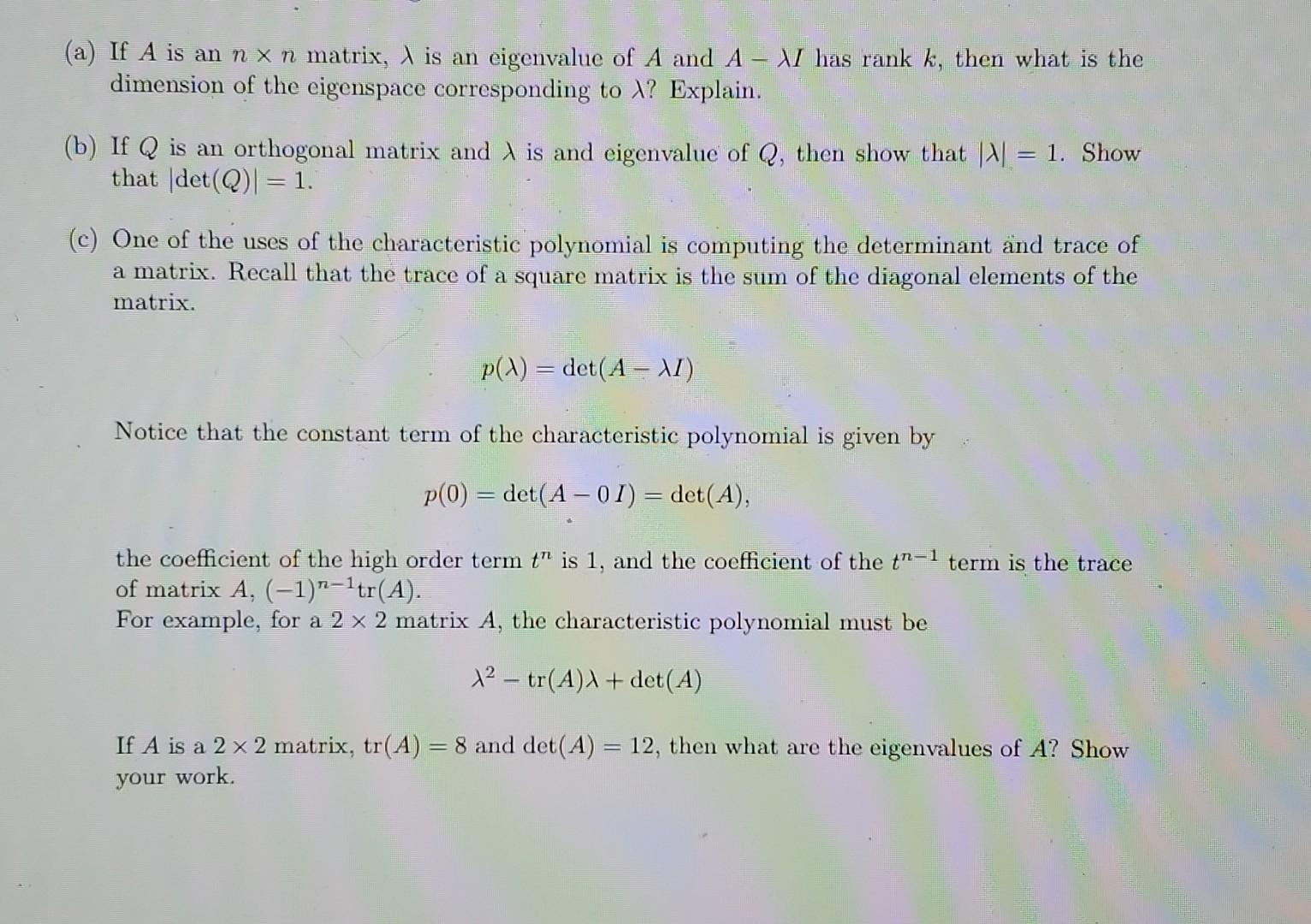 Solved (a) If A is an nx nxn matrix, A is an eigenvalue of A | Chegg.com