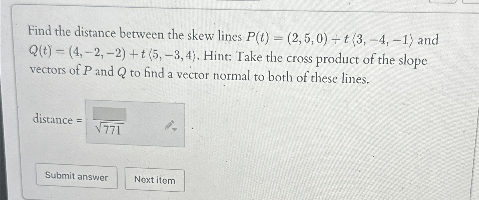 Solved Find the distance between the skew lines | Chegg.com