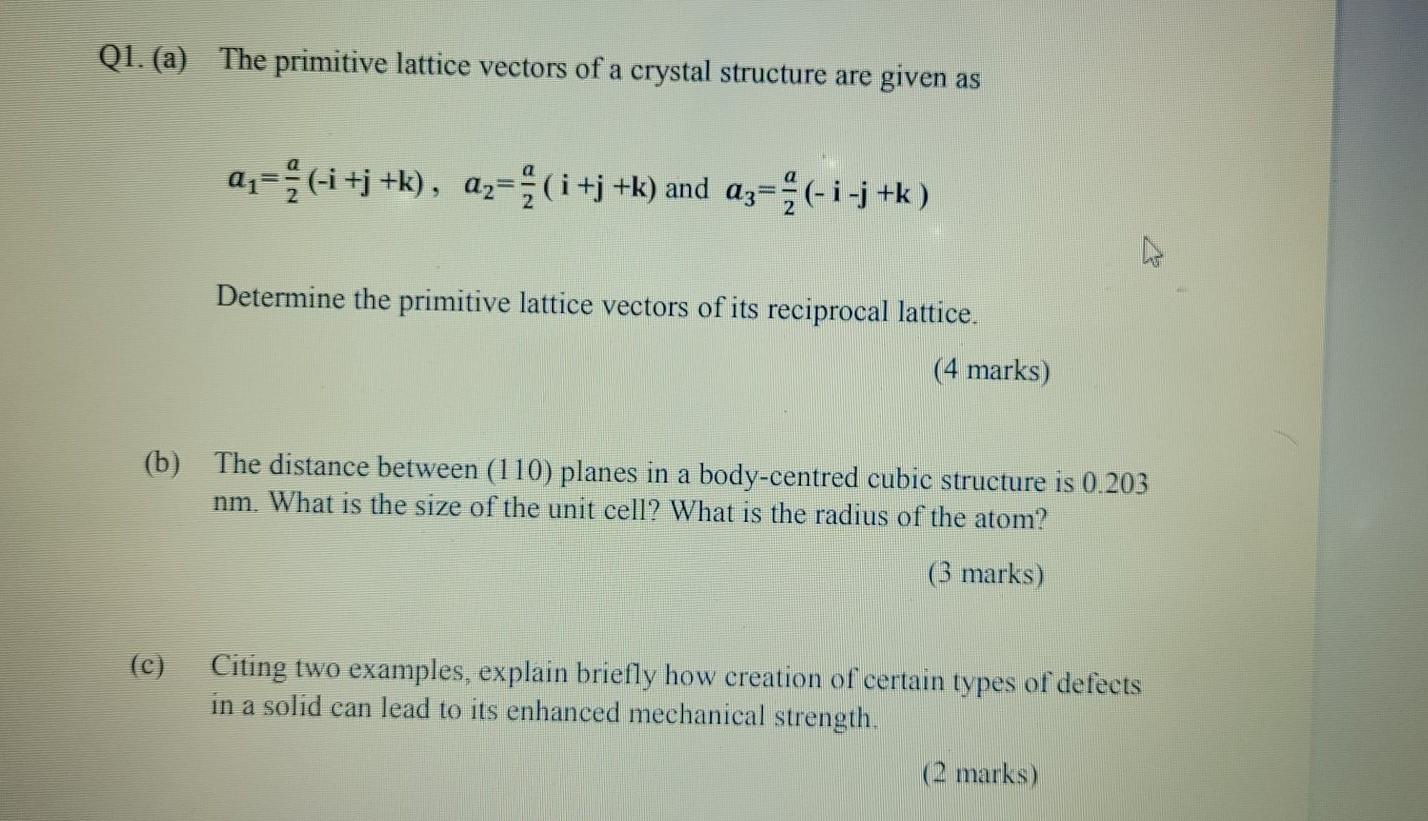 Solved Q1. (a) The primitive lattice vectors of a crystal | Chegg.com