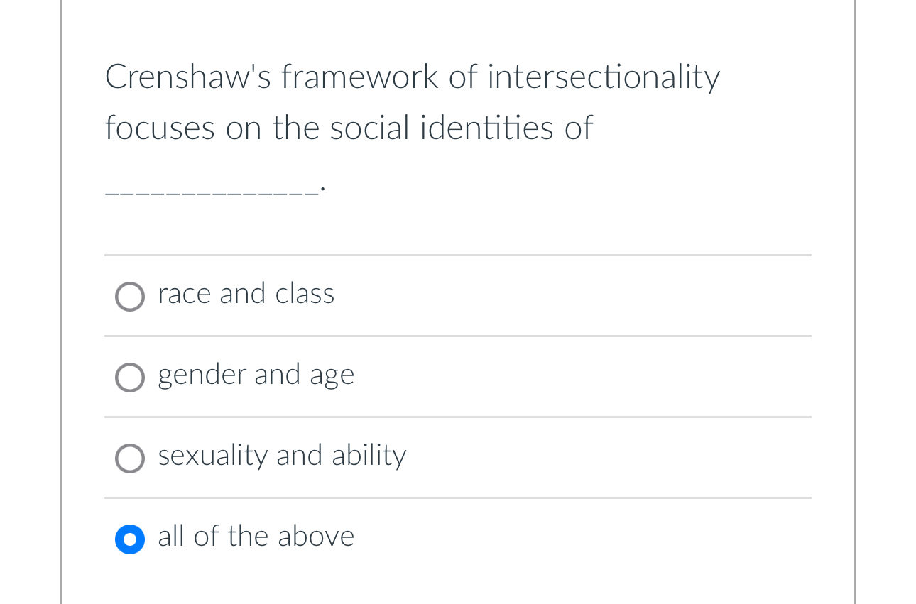 Solved Crenshaw's framework of intersectionality focuses on | Chegg.com