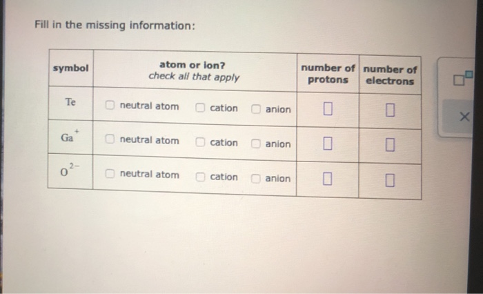 Solved Fill in the missing information: symbol atom or ion? | Chegg.com