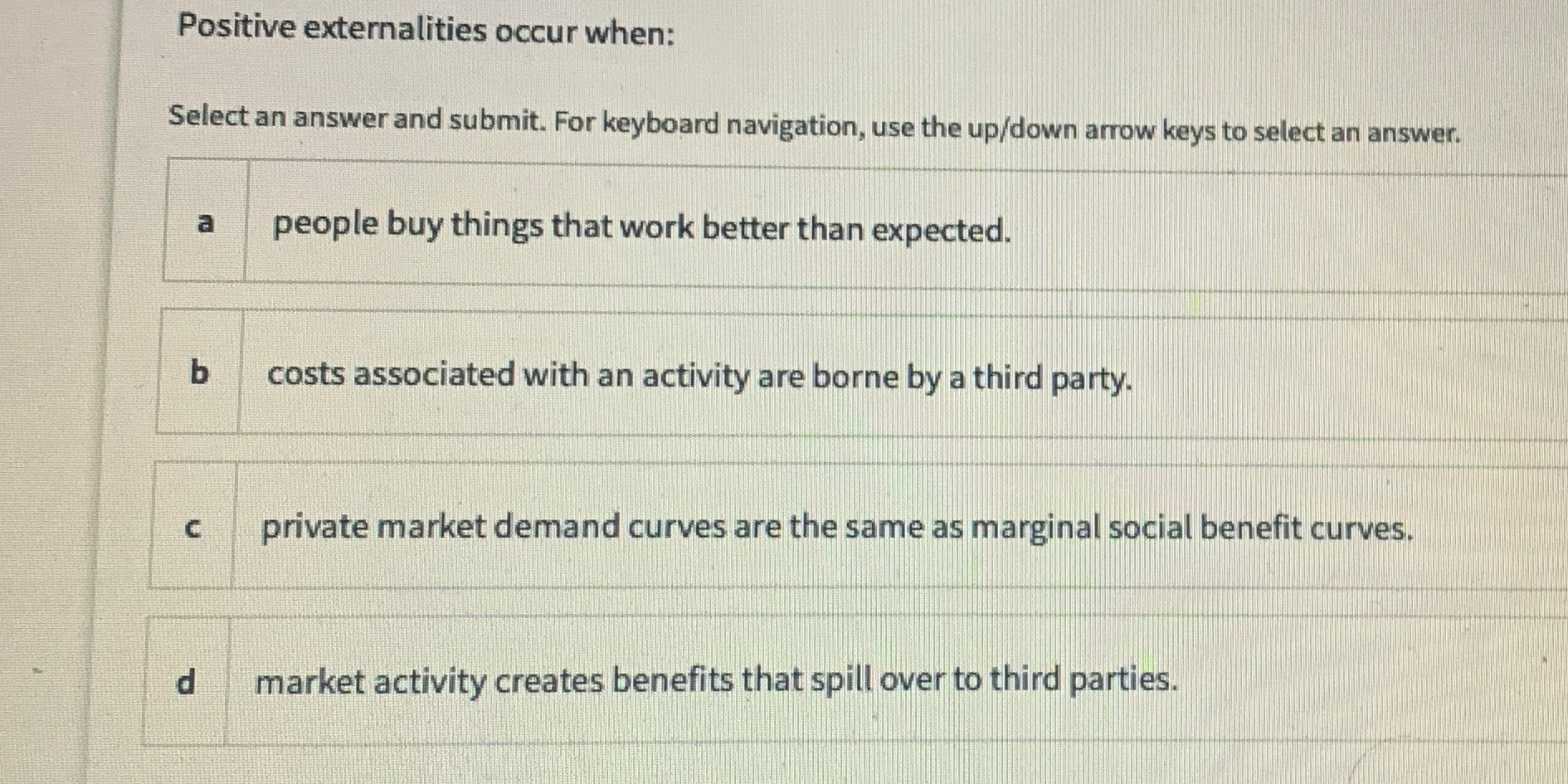 Solved Positive externalities occur when:Select an answer | Chegg.com