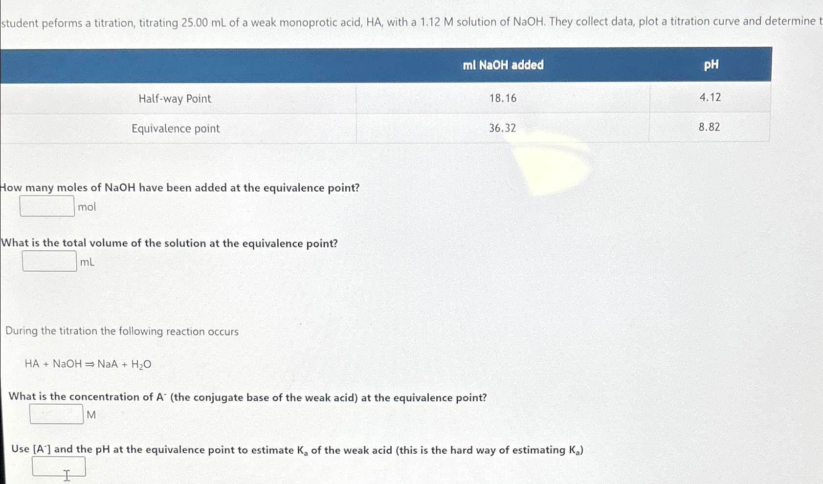 Solved student peforms a titration, titrating 25.00mL ﻿of a | Chegg.com