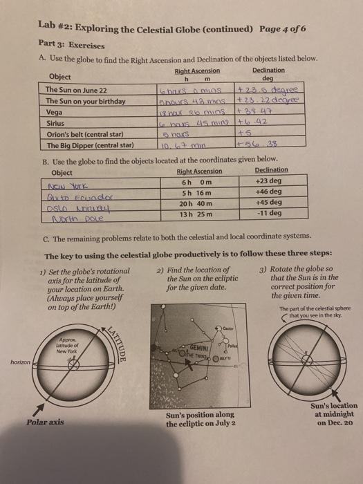 Lab #2: Exploring the Celestial Globe (continued) | Chegg.com