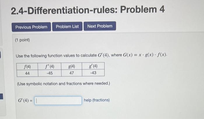 Solved 2.4-Differentiation-rules: Problem 4 (1 point) Use | Chegg.com