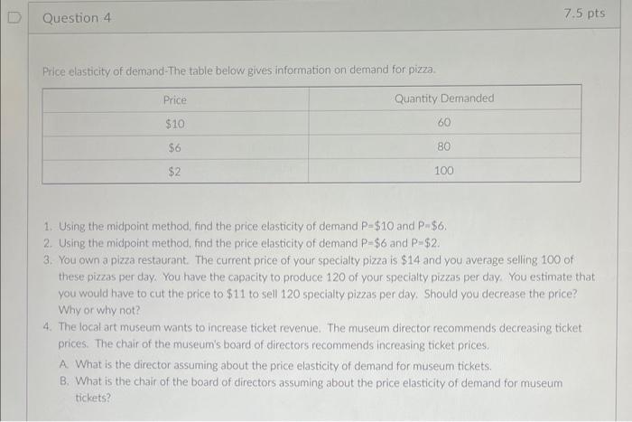 Solved Price elasticity of demand-The table below gives | Chegg.com