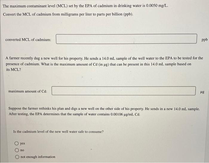 Solved The maximum contaminant level (MCL) set by the EPA of | Chegg.com