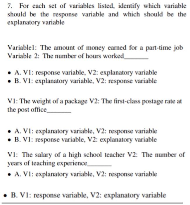 Solved 7. For each set of variables listed, identify which | Chegg.com