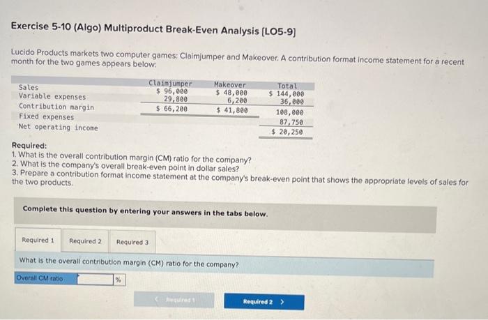 Solved Exercise 5-10 (Algo) Multiproduct Break-Even Analysis | Chegg.com Solved Exercise 5-10 (Algo) Multiproduct Break-Even Analysis | Chegg.com