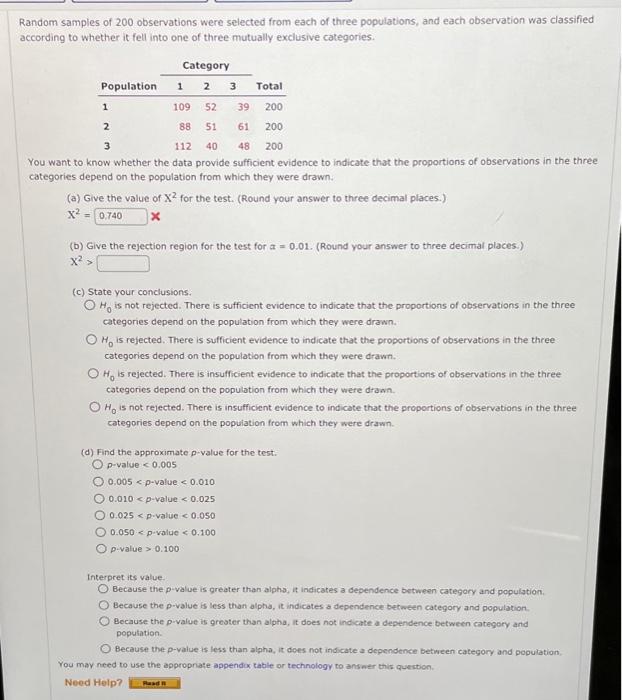Solved Random samples of 200 observations were selected from | Chegg.com